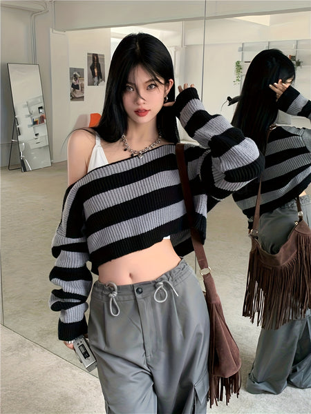 Striped Off Shoulder Knitted Top, Casual Long Sleeve Crop Sweater For ...