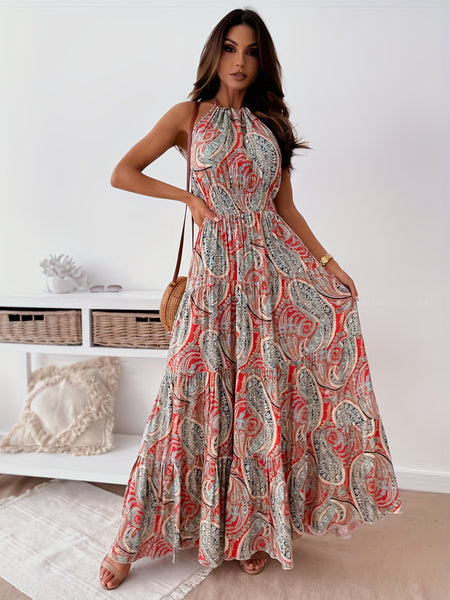 Kkboxly Boho Paisley Print Halter Neck Dress, Boho Sleeveless Dress Fo ...